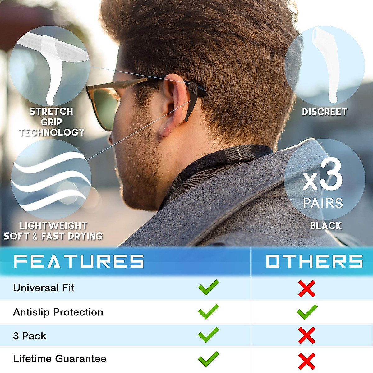 Anchor Glasses Straps - 3 Pack - Sunglasses Retainer Anti-Slip Glasses Grip Ear Hook Eyeglasses Anti-Slip Temple Tip Glasses Holder (Black)