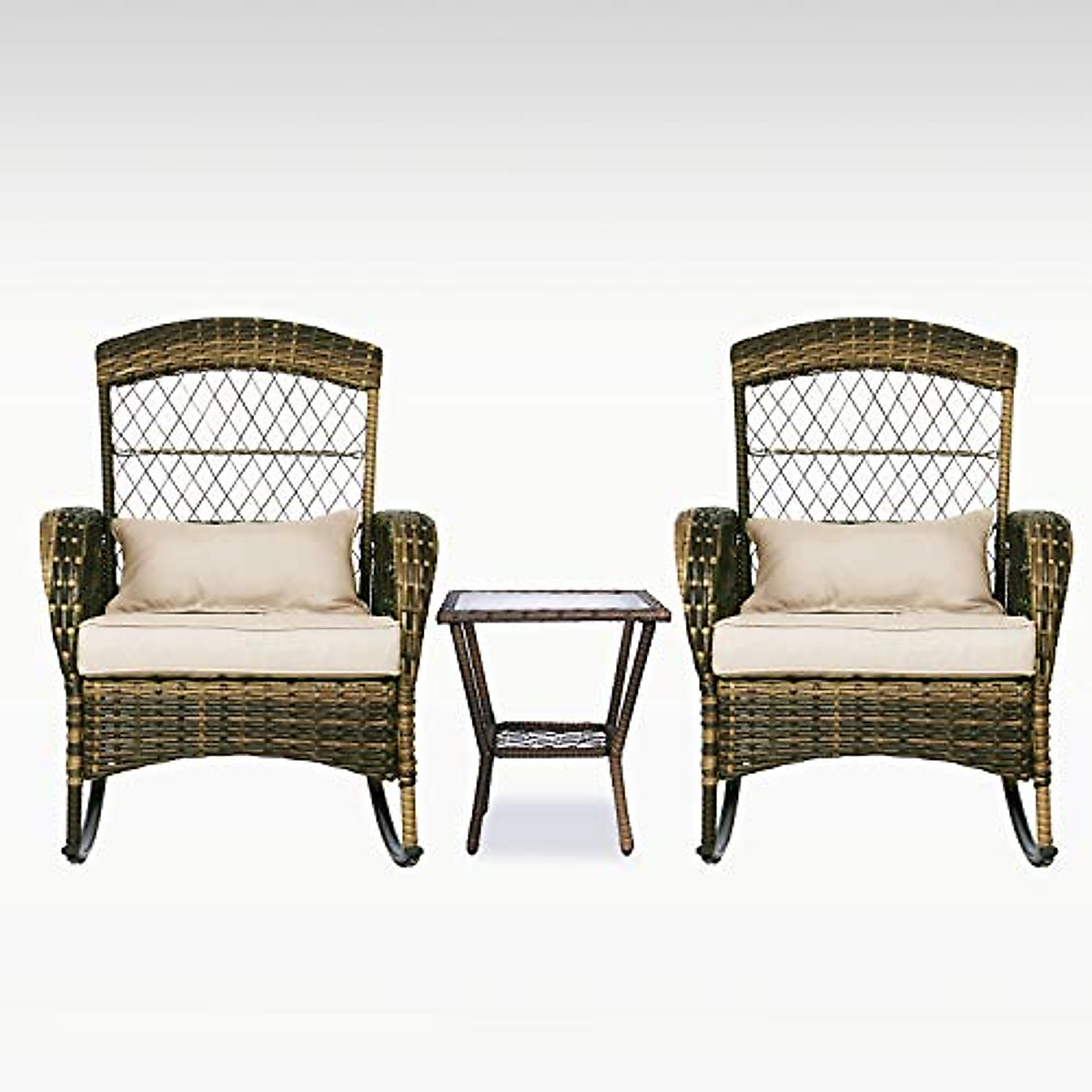 ENSTVER 3 Pieces Patio Conversation Set w/ 2 Rattan Wicker Rocking Chairs and Glass Table,for Garden Backyard Lown Porch (Beige)