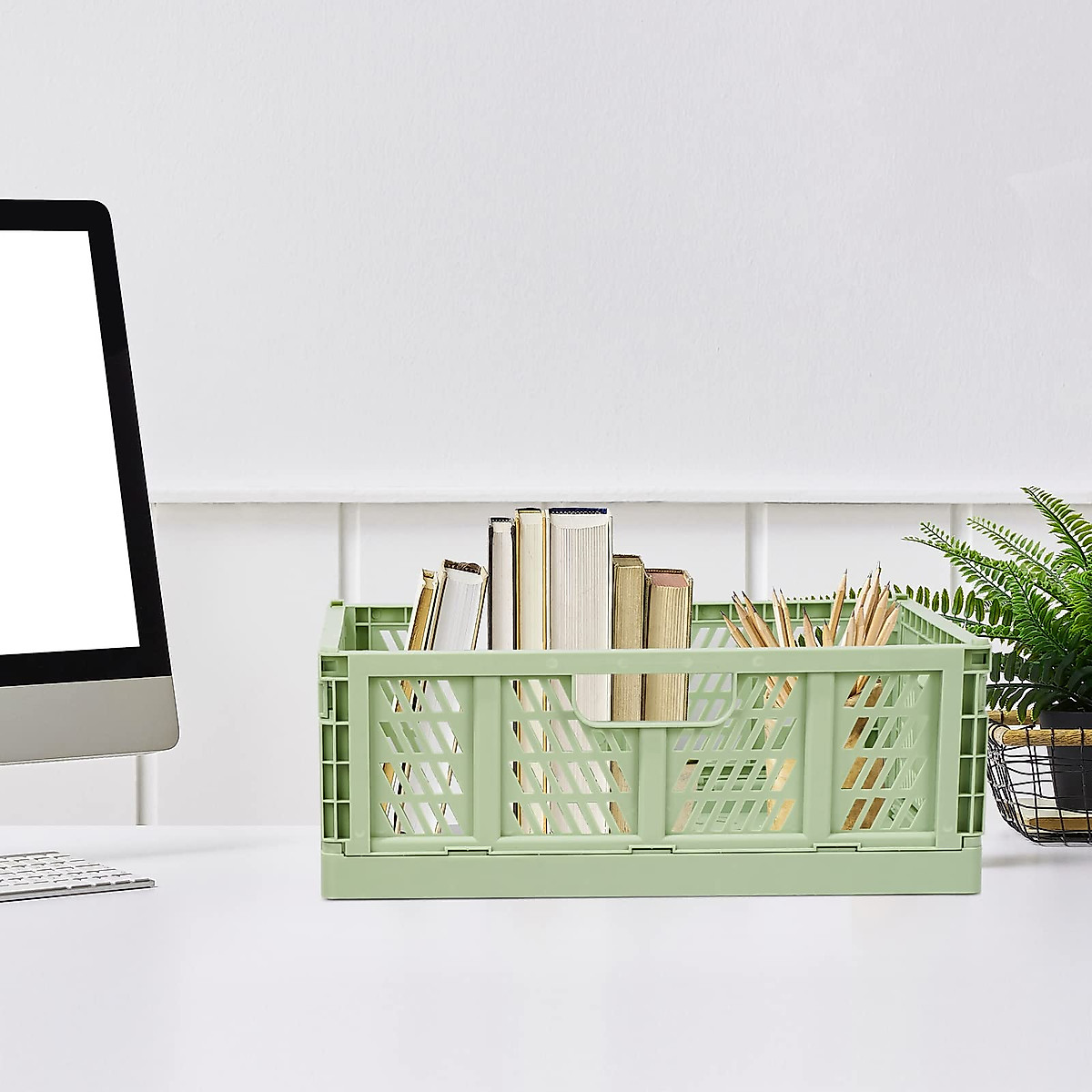 Phyllia 4 Pack Plastic Storage Baskets, Pantry Organizer Basket Bins with Handles, Foldable Storage Baskets for Organizing Shelves Closet Home Kitchen Bathroom Office (Green, 13.3"x10.2"x5.1")