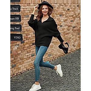 MEROKEETY Women's Batwing Long Sleeve V Neck Pullover Sweaters Foldover Collared Casual Knit Jumper Tops Black