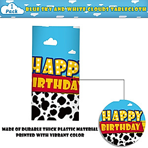 1 Pack Cartoon Story Birthday Party Supplies Cow Pattern Printed Table Cover Blue Sky and White Cloud Tablecloths Cow Birthday Party Decoration for Boy Girl Kid Birthday Party Decor 54 x 108 inch
