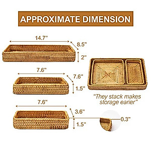 KOLSTRAW Rattan Tray Vanity Trays for Bathroom Coffee Table Tray Wicker Decorative Trays for Perfume Cologne Jewelry Key Makeup Brushes Remote Storage Large Ottoman Tray (3 Sizes: S+M+L, Honey Brown)