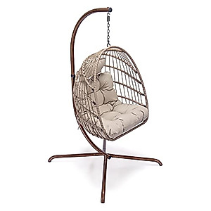 OUTPLATIO Swing Egg Chair with Stand Golden Indoor Outdoor 350lbs Capacity Hanging Rattan Hammock Chair with UV Resistant Cushion Collapsible Foldable Basket for Bedroom Balcony Patio Garden (Beige)