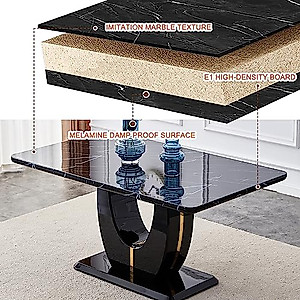 JUFU Modern Dining Table Set for 6,Rectangula Kitchen Table Set with Faux Marble Tabletop＆6 Pu Leather Upholstered Chairs Ideal for Dining Room, Kitchen, Grey-golden Legs