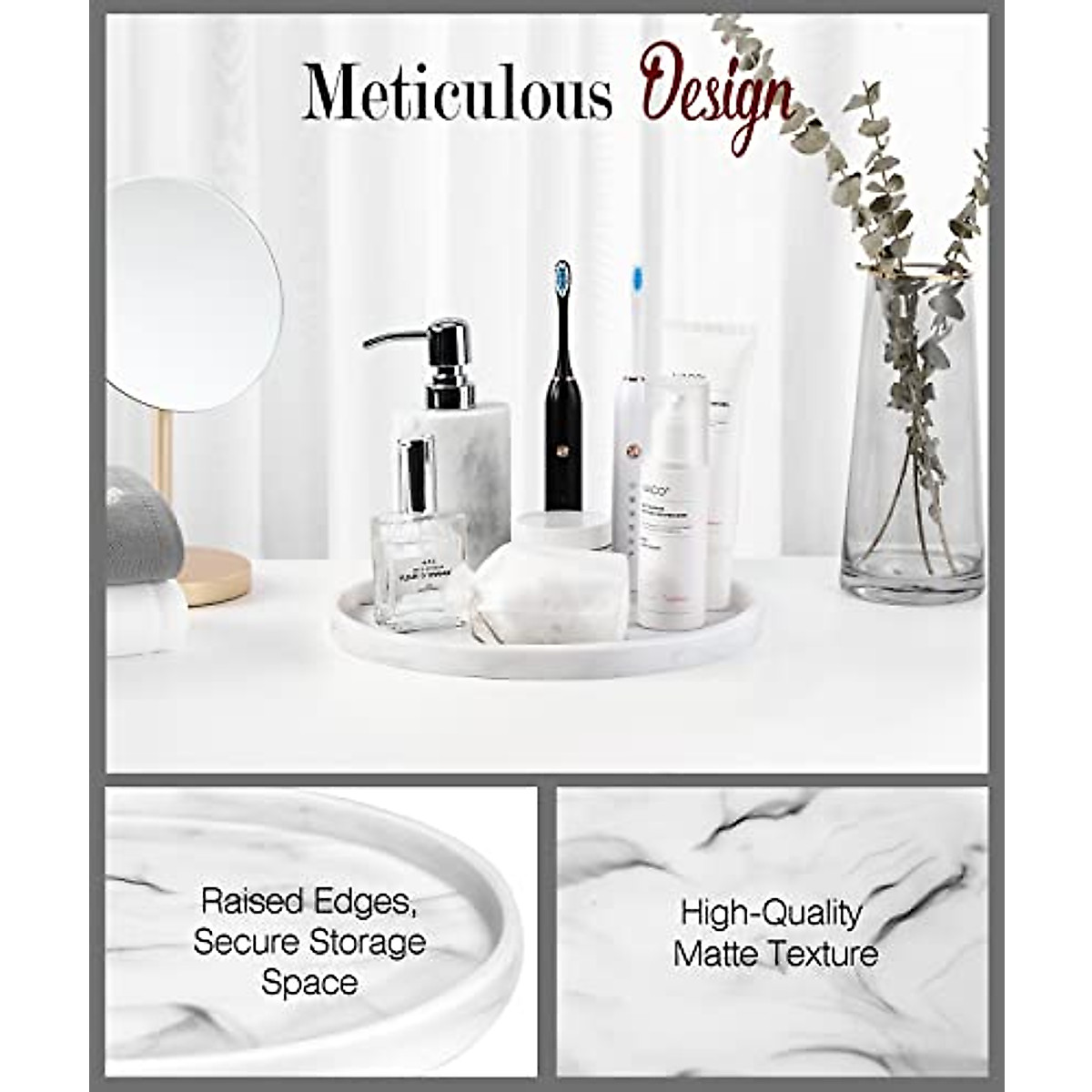 Shinowa Vanity Tray, Resin Bathroom Decorative Tray Catchall Organizer Jewelry Dish Tray for Bathroom Bedroom Counter-top Vanity Organization Vanity Table Jewelry Organizer, White Marble