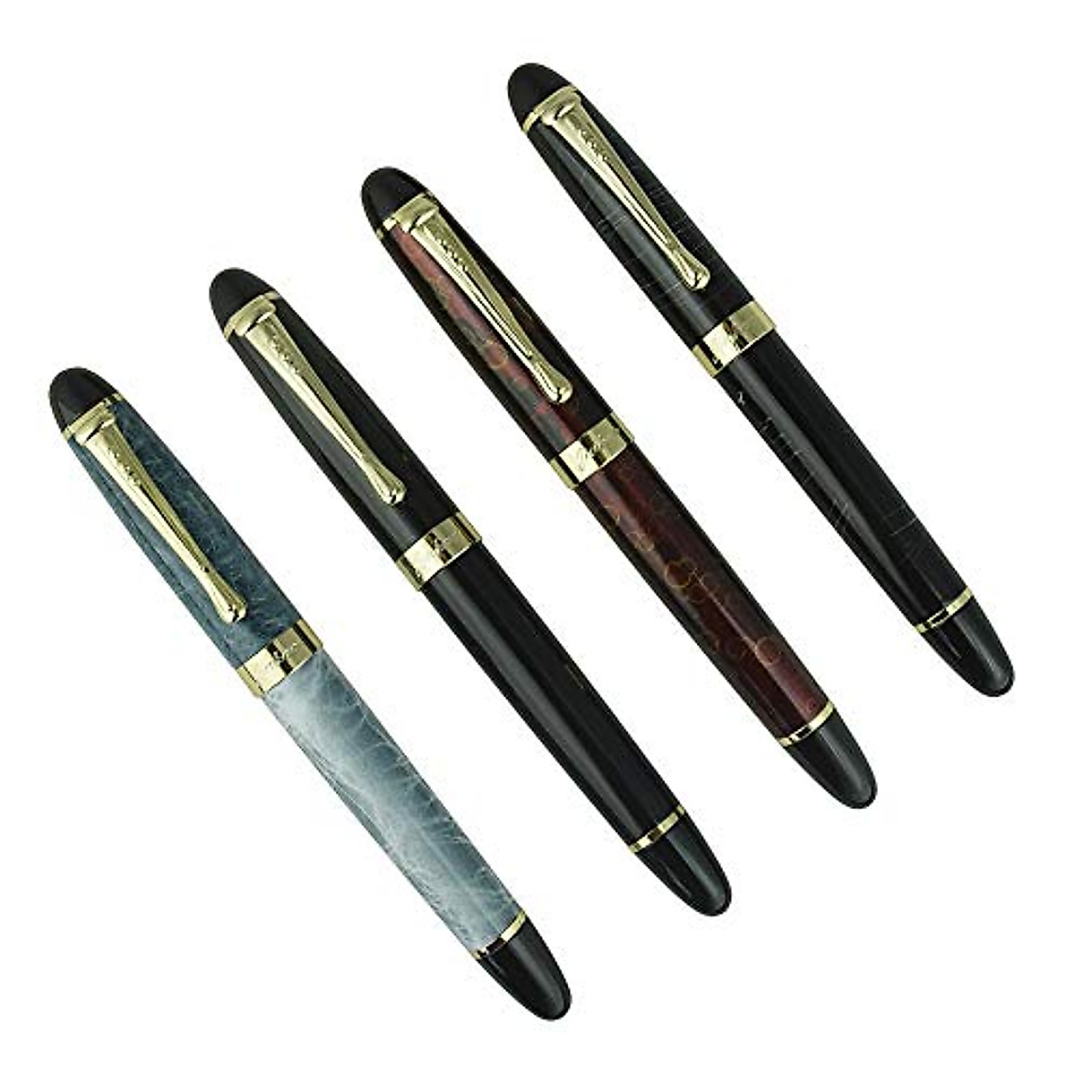 Jinhao 4 PCS X450 Fountain Pen Set, 4 Colors (Blue, Black, Red, Ice Cracks), Medium Nib With Ink Converter, Golden Trim, Gift Case