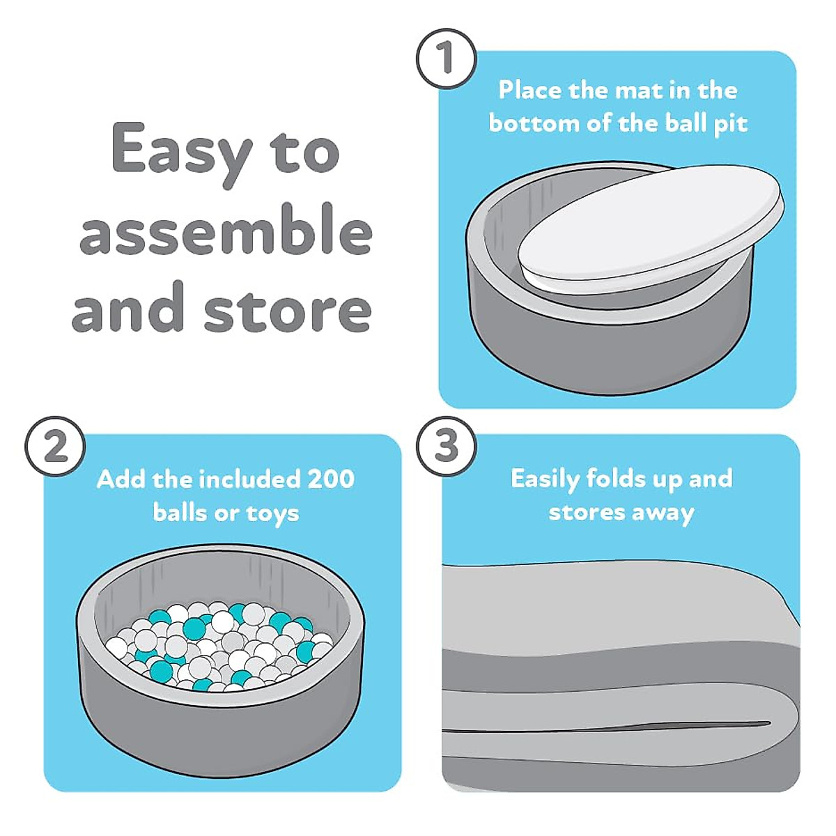 Nuby Velvet Ball Pit - 200 Balls Included - Soft Play Foam Ball Pits for Baby and Toddlers with 200 Colored Balls, Ball Pit Playpen, Indoor Play Gym, Outdoor Play Ball Pit for Babies, Aqua & Gray