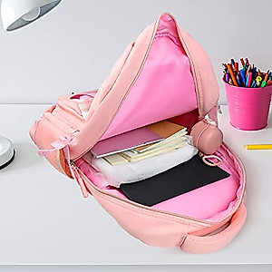 KingBig Girls School Backpack with Cute Pin Accessories Plush Pendant Kawaii School Backpack Cute Aesthetic Backpack for Teens Girls Women Students (Pink)