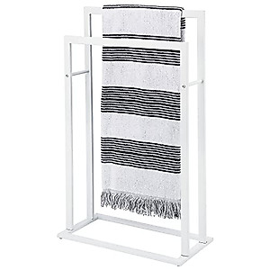 mDesign Metal Tall 2-Tier Free-Standing Towel Rack Holder for Bathroom Storage and Organization, Floor Stand Holds Bath, Hand Towels; Great for Guest, Half, Kids' Bathrooms - Matte White