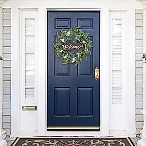 CEWOR 20in Green Eucalyptus Wreath with Welcome Sign Artificial Eucalyptus Wreath Spring Summer Wreath with White Berries for Front Door Wall Window Festival Farmhouse Porch Patio Garden Wedding Decor