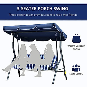 Outsunny 3-Person Porch Swing with Canopy, Patio Swing Chair, Outdoor Canopy Swing Bench with Adjustable Shade, Cushion and Steel Frame, Dark Blue