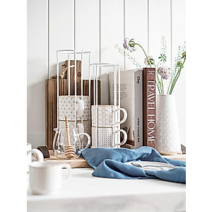 LE TAUCI Stackable Coffee Mugs Set with Stand, Ceramic Embossment Coffee Cups for Au Lait, Cappuccino,Latte,Cafe,Mocha,Tea, Suit For Housewarming Wedding - 12 oz, Set of 4,Arctic white