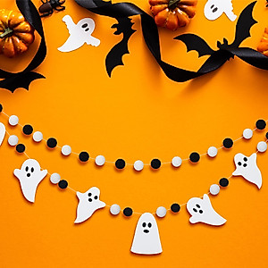 3 Pieces Halloween Ghost Pom Pom Ball Garlands Halloween Theme Banner Black and White Felt Ball Halloween Ghost Hanging Decorations for Haunted Houses Doorways Indoor Outdoor Home Mantel Decorations