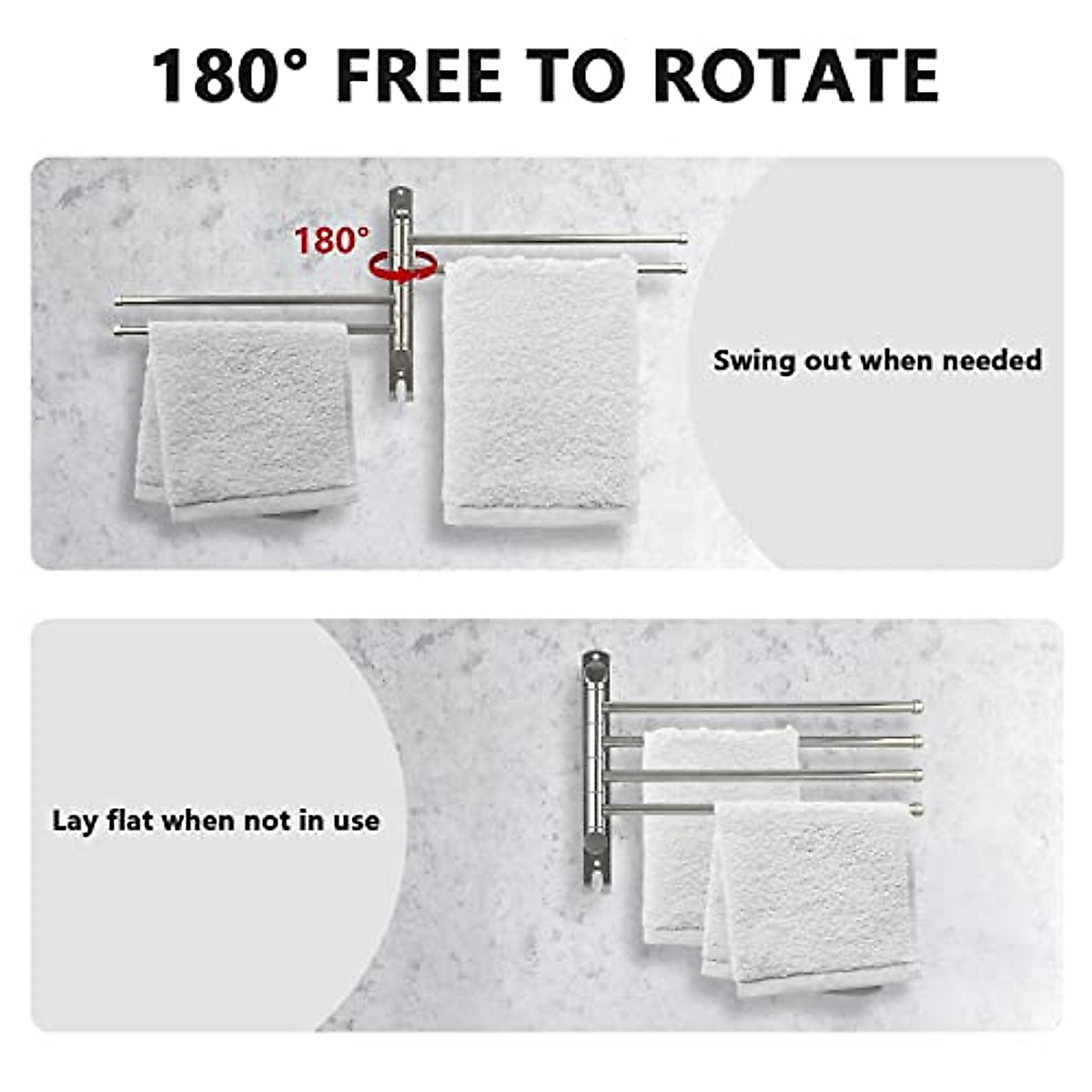 MOVNO Swing Out Towel Bar, 4-Arm Silver Wall Mounted Swivel Towel Rack with Hooks Rustproof, Towel Hanger Holder Storage Organizer for Bathroom Kitchen Space Saving