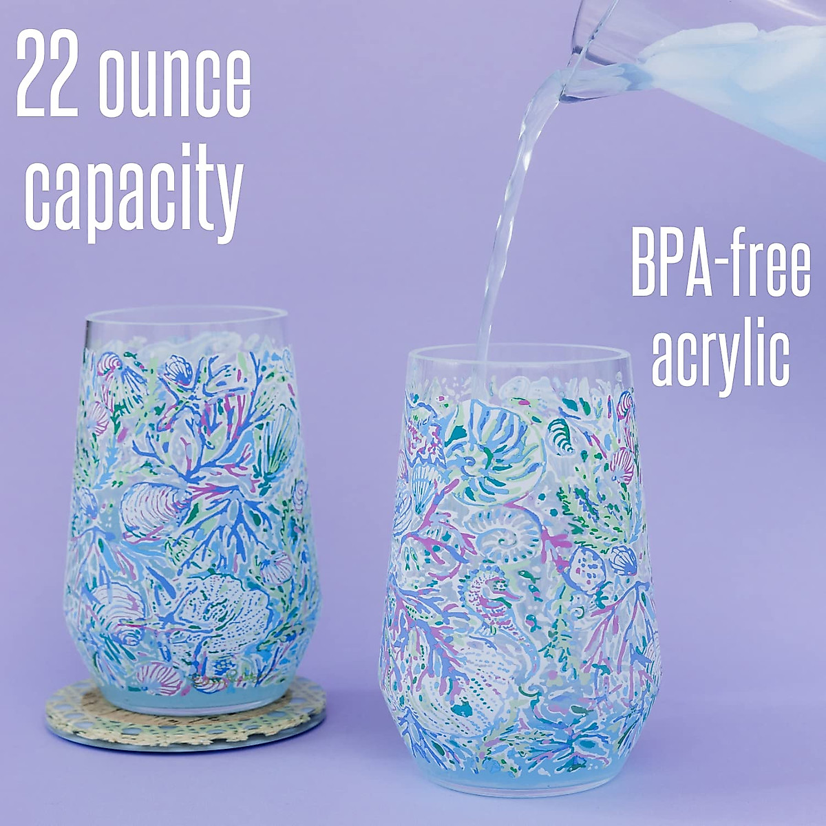 Lilly Pulitzer Stemless Wine Glass Set of 2, Large Acrylic Wine Glasses, 22 Ounce Plastic Cocktail Cups for Indoor/Outdoor, Soleil It On Me