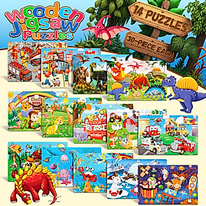 Puzzles for Kids Ages 4-8, 14 Pack Wooden Jigsaw Puzzles 30 Pieces Preschool Educational Learning Toys Set for Toddler Boys and Girls Stocking Stuffers