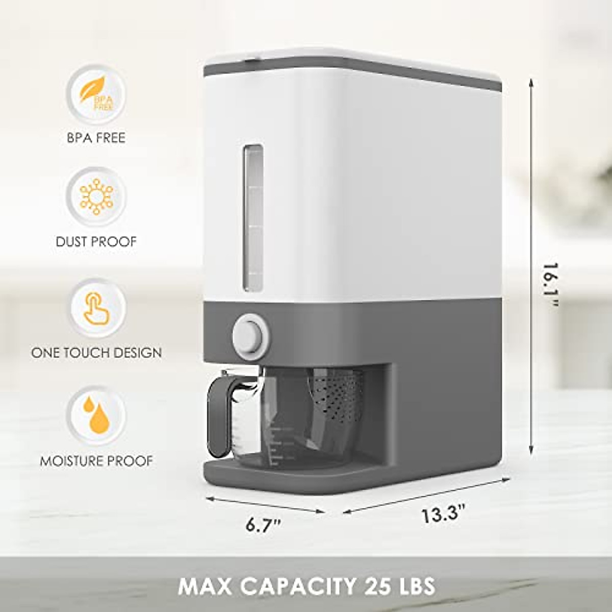 Rice Dispenser, Large Sealed Grain Container Storage with Measuring Cup, Food Cereal Container Bins for Flour Cereal Kitchen Storage (Grey)