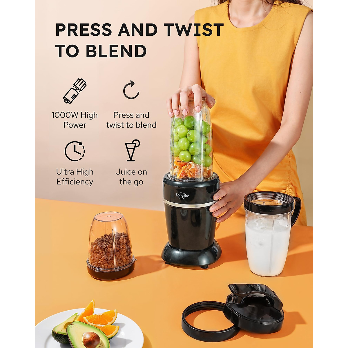 Sangcon 1000W Blender for Smoothies, Blender for Kitchen Smoothie Blender with (3) Cups (2) Spout-Lids (1) Storage-Lid (1) To-Go-Lid, Portable Personal Blender for Shakes Ice Crush Frozen Drink Spices