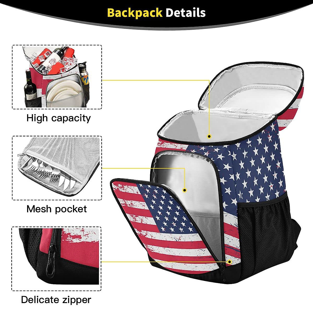 American Flag Cooler Backpacks Leakproof Backpack Cooler Insulated Lunch Cooler Bag 30 Cans Camping Coolers for Picnic Beach Road Trip