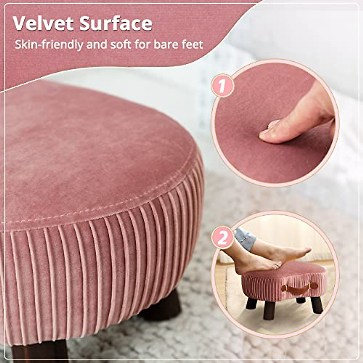 Small Curved Foot Stool with Handle, Pink Velvet Footstool and Ottomans, Modern Foot Rest with Wooden Legs, Step Stool with Padded Seat for Couch, Living Room