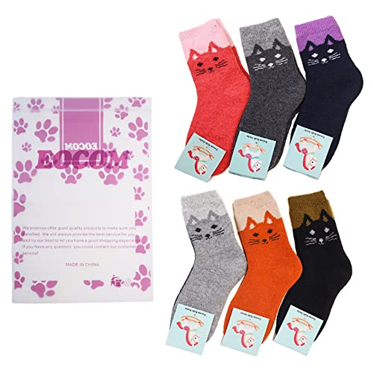 Eocom 6 Pairs Children's Winter Warm Wool Socks Kids Toddlers Boys Girls Thermal Thick Boot Cozy Crew Socks (8-12 Years, Cat)