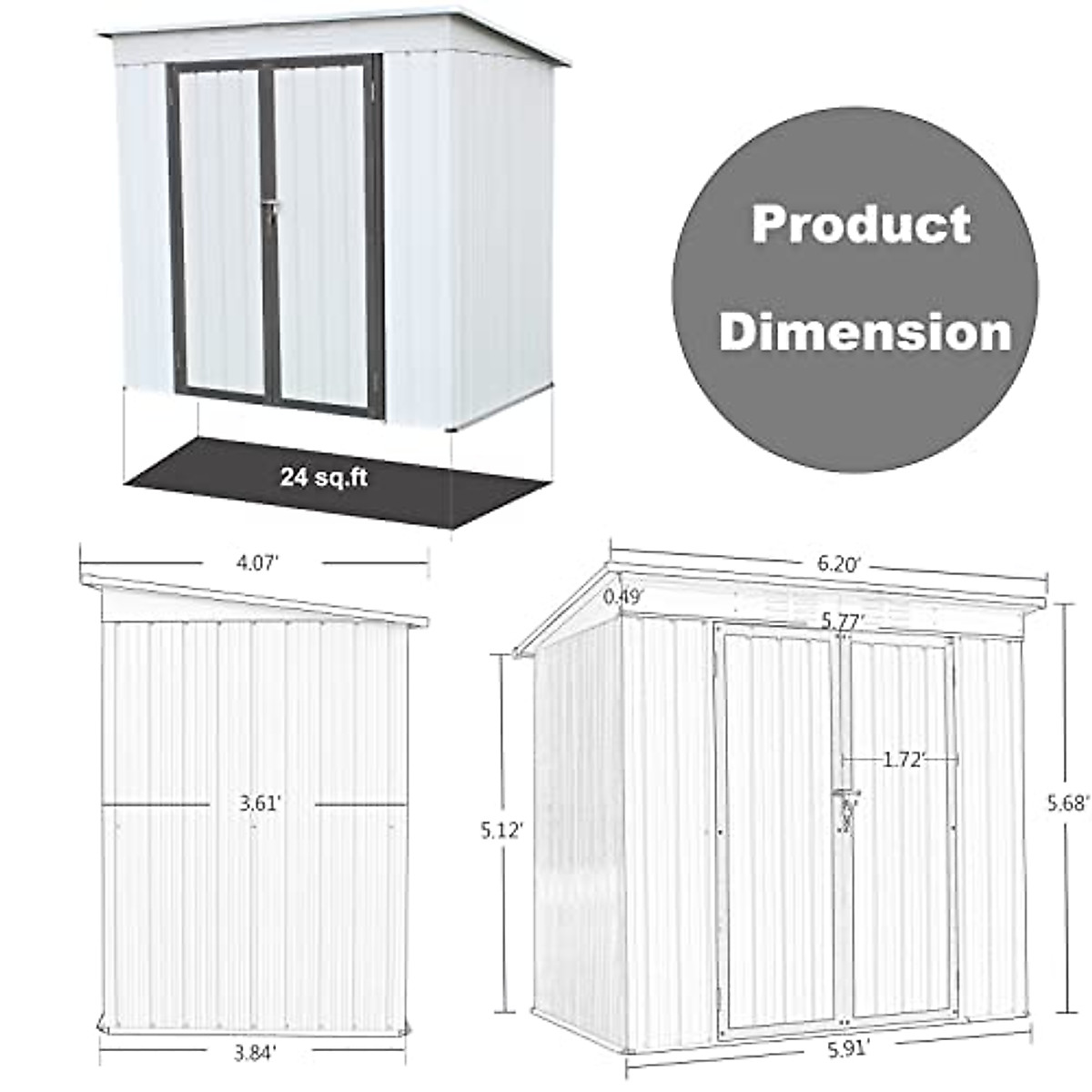 Shed 6' x 4' Outdoor Storage Shed Organizer, Garden Tool House for Backyard, Patio, Garage, Lawn, Alloy Steel, White