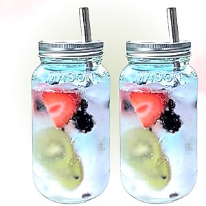 Jarming Collections Mason Jar Cups Drinking Glasses - Includes Mason Jar Lids & Straws, Coffee & Smoothie Cups Glass Jar Set, 24 oz Mason Jars with Lids and Straws, Dishwasher & Freezer Safe(Set of 2)
