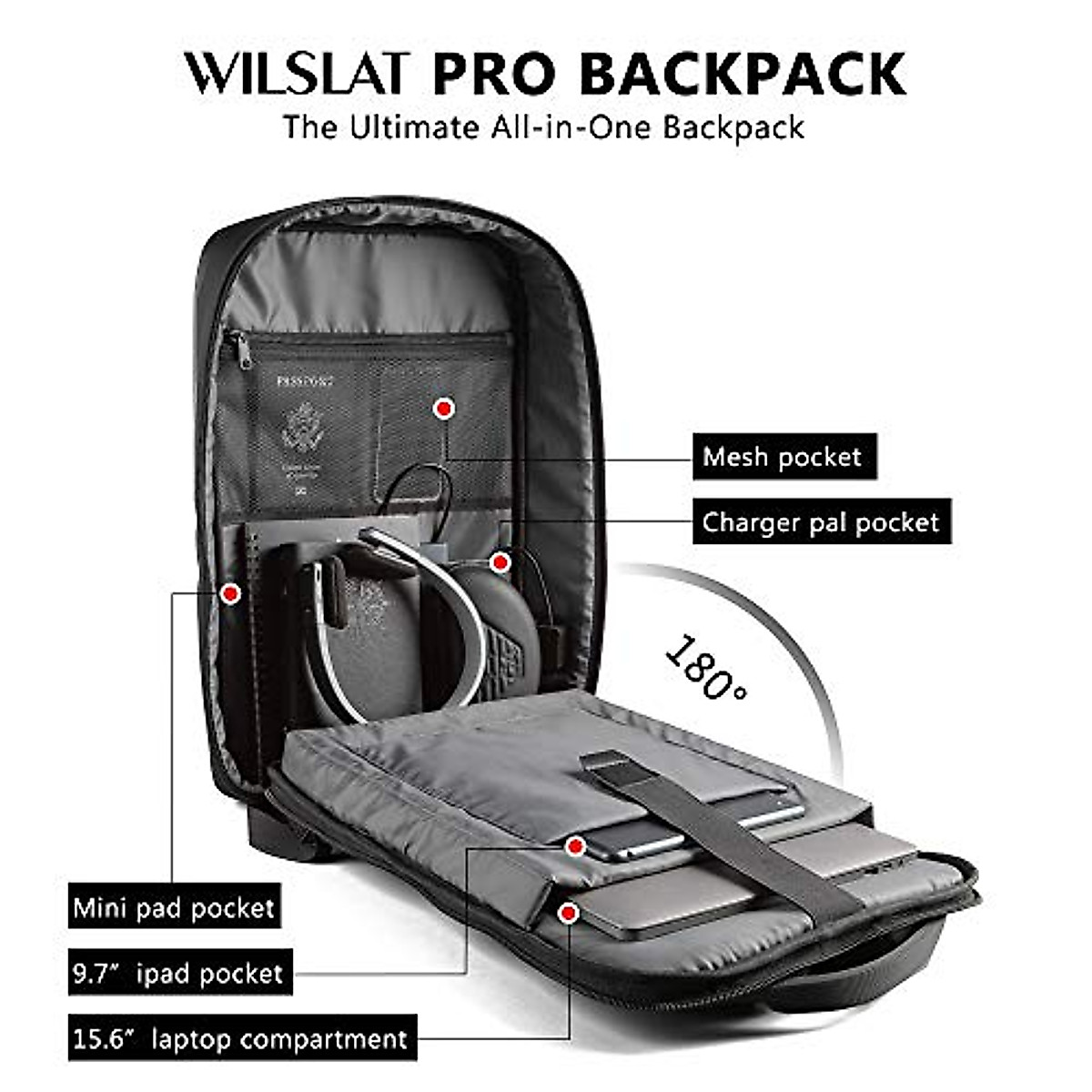WILSLAT Laptop Backpack for Men Business Professional Anti Theft Slim Durable Laptops Backpack with USB Charger, College School Computer Bag Fits 15.6 Inch Laptop and Notebook