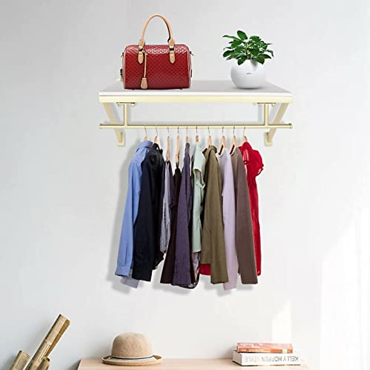 kunghei 31" Boutique Clothes Clothing Store Retail Wedding Dress Display Stand Wall-Mounted Garment Rack w/Wood Storage Shelf, Heavy Duty Clothing Racks for Hanging Clothes Metal Pipe Towel Rack