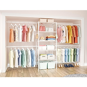 Ulif M2 Closet Organizer System, 5.9 Feet Height Mounted to the Wall Garment Rack with 4 Expandable Hanger Rods, 5 Shelves in 23.6" L x 14.5" W, Suit Total Space from 5.8-8.8 ft, White