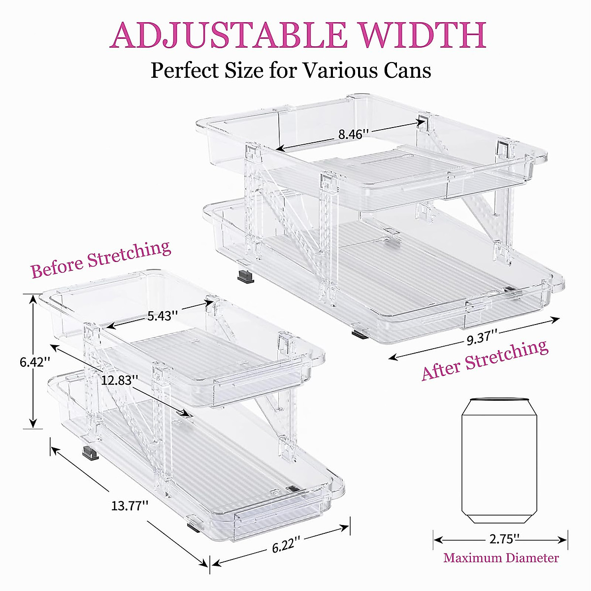 Aoteuk Refrigerator storage containers， Adjustable Width Rolling Soda Can Dispenser Soda Can Storage Rack Beverage Pop Can Holder Drink Organizer for Fridge Pantry Cabinet Countertop (2 Pack, Clear)