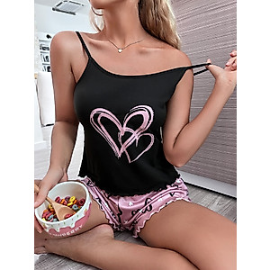 WDIRARA Women's 2 Piece Contrast Binding Heart Print Cami Top and Shorts Satin Pj Set Multicolored S
