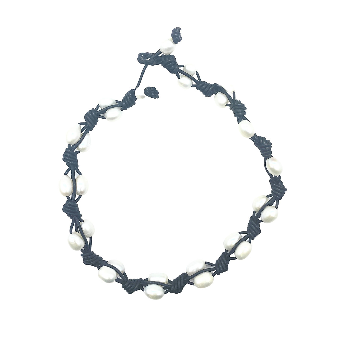 White Pearl on Black Leather Cord Necklace, Bracelet, Earring Set