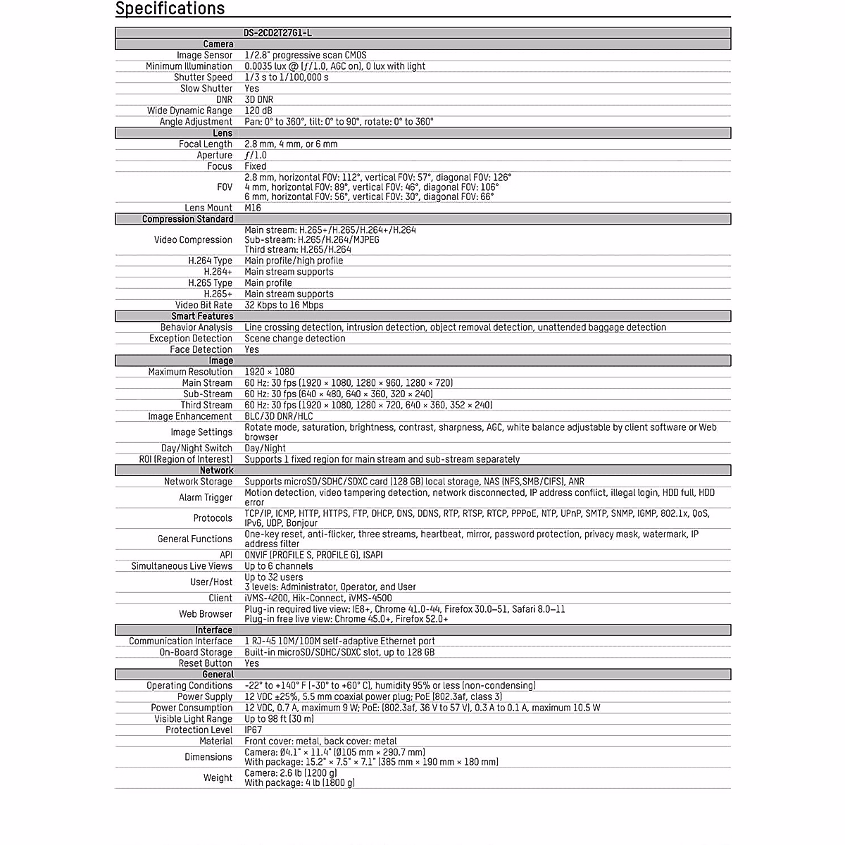 DS-2CD2T27G1-L 2MP Full Color IP 247 Color Night Vision 4mm PoE Large Bullet H.265 IP67 Outdoor English Version Compatible with Hikvision NVR DS-7608NI-Q2/8P DS-7616NI-Q2/16P