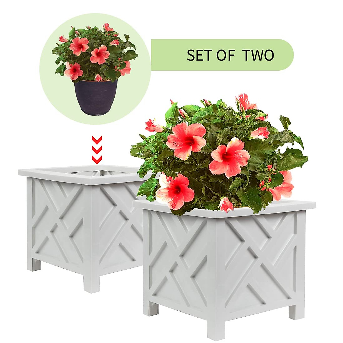 Trenton Gifts Chippendale White Planter Box Set of 2 - Elegant Outdoor Plant Pot for Patio, Porch Decor, and Garden Display