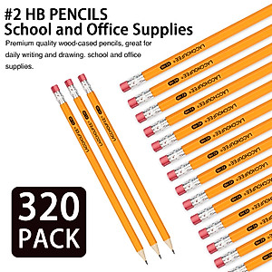 LACCHOUFEE 320 Pack #2 Pencils Bulk Pre-sharpened Pencils with Eraser top, 2 HB Pencils for Writhing Drawing, Yellow Wood-Cased Pencils in Bulk for Office, School, Teacher and Classroom Supplies