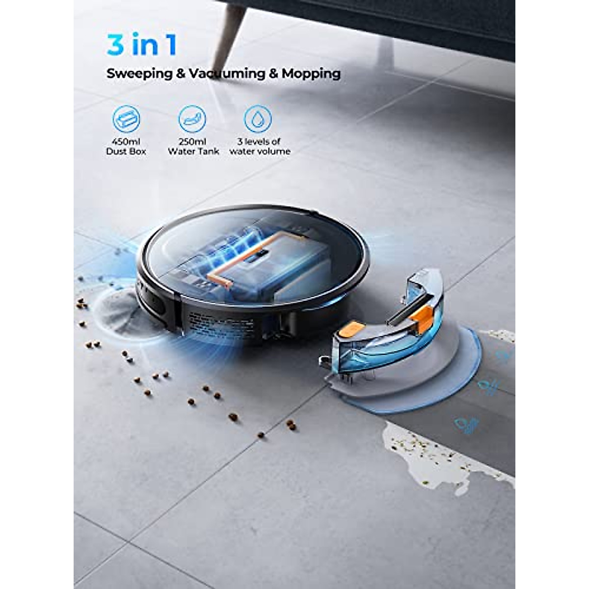 Laresar Robot Vacuums and Mop Combo, Max 4500Pa Suction, Evol 3 Robotic Vacuum Cleaner with Auto Carpet Boost, Self-Charging, App&Remote&Voice Control, Super-Slim, Ideal for Pet Hair and Carpets