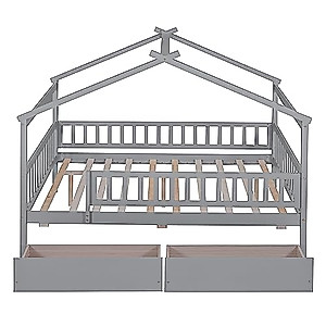 Merax Full Size Wooden House Bed with Two Drawers, Wood Bed Frame with Roof and Safety Guardrail for Kids, Teens, Boys or Girls, Gray