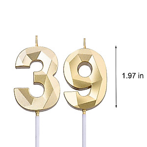 2 inch Gold 39 Birthday Candles, 3D Diamond Number 39th Cake Topper for Boys Girls Birthday Party Decorations Theme Party