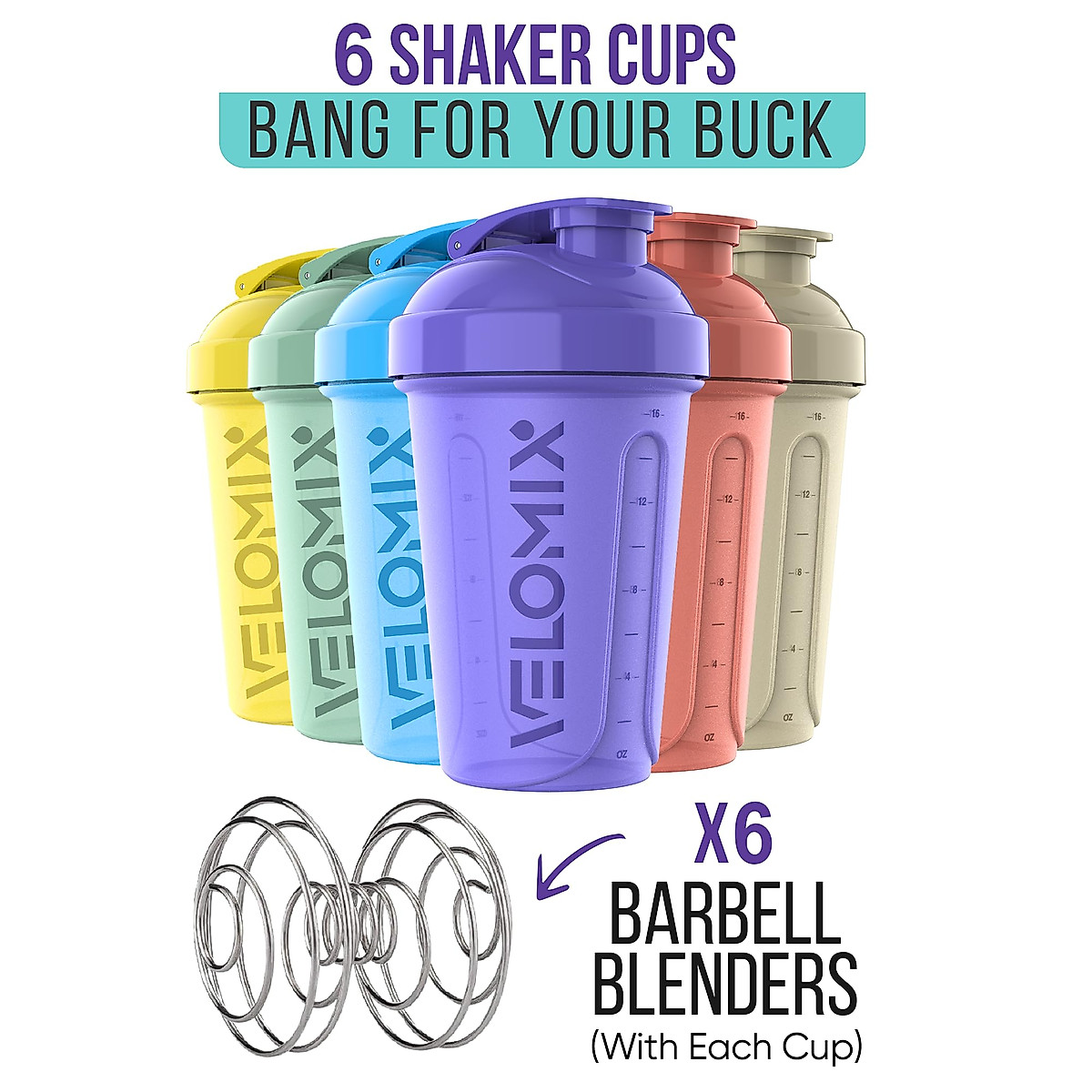 VELOMIX -6 PACK- 20 OZ Protein Shaker Bottles for Protein Mixes, Shaker Cups for Protein Shakes, Small Shaker Bottle Pack, Shaker Cup, Shakers for protein Shakes (Pastel Shades - 6 Pack)