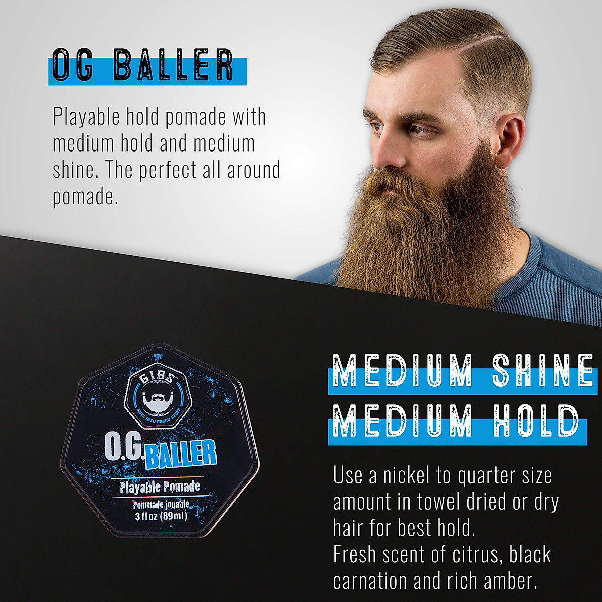 GIBS Grooming OG Baller Pomade- Flex Hold Medium Shine- With Holy Basil Oil, & Panthenol For Men, 3 oz