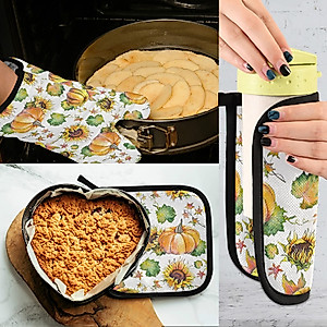 Autumn Pumpkin Sunflower Thanksgiving Oven Mitts and Pot Holders Fall Harvest Oven Mitts Potholders Mittens for Kitchen Cooking BBQ Baking Bakeware