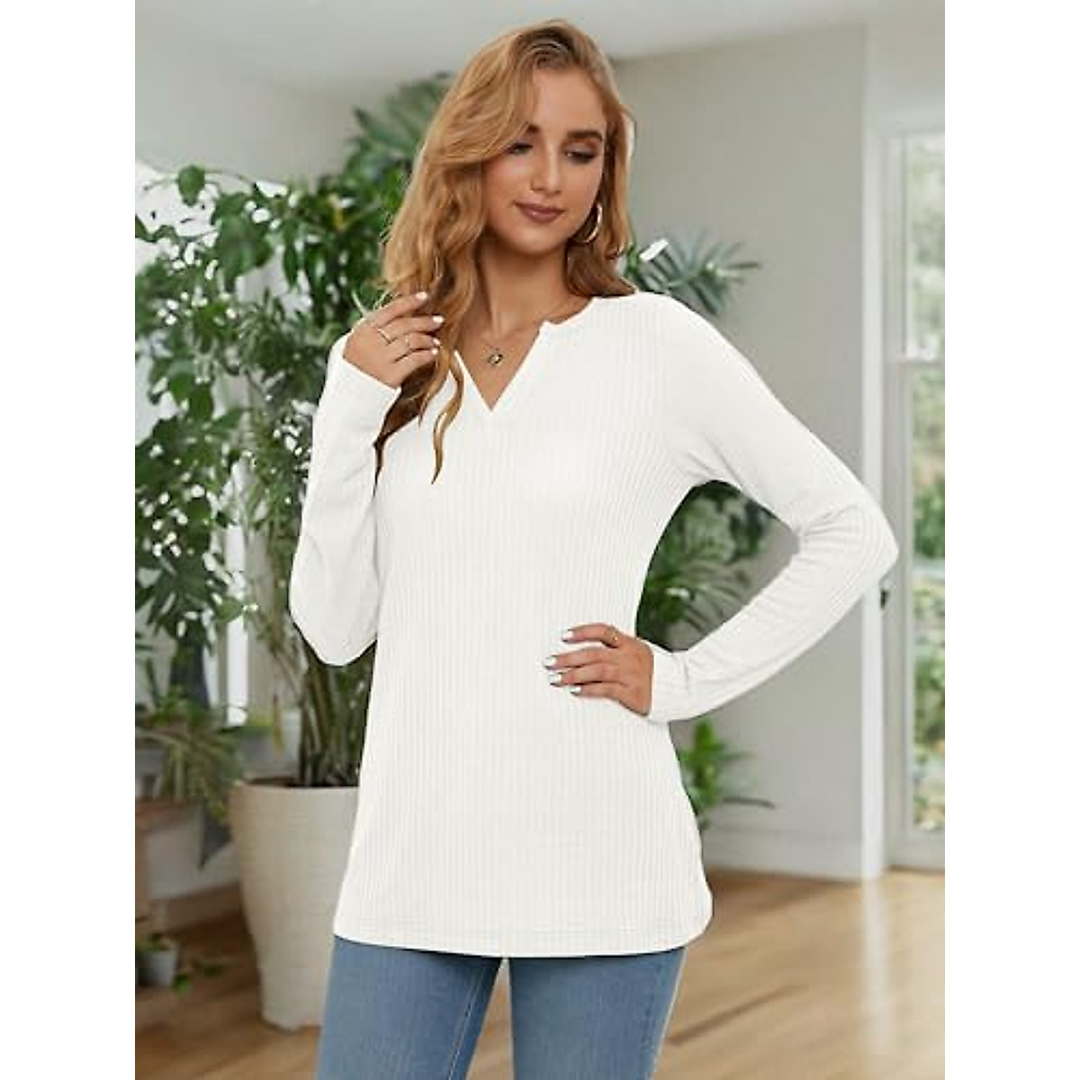 AUSELILY Women Casual Long Sleeve Waffle Knit Solid Color V-Neck Shirt Tunic White M