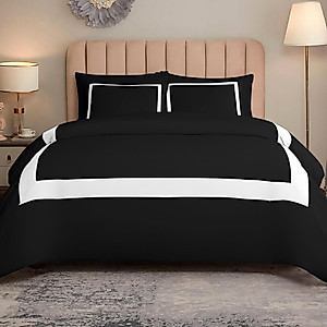 High Kotton 5 Piece Luxury Full Black and White Border Line Pattern Duvet Cover Zipper Closer & Corner Ties 1000 TC, 100% Egyptian Cotton - (Super King-Size)