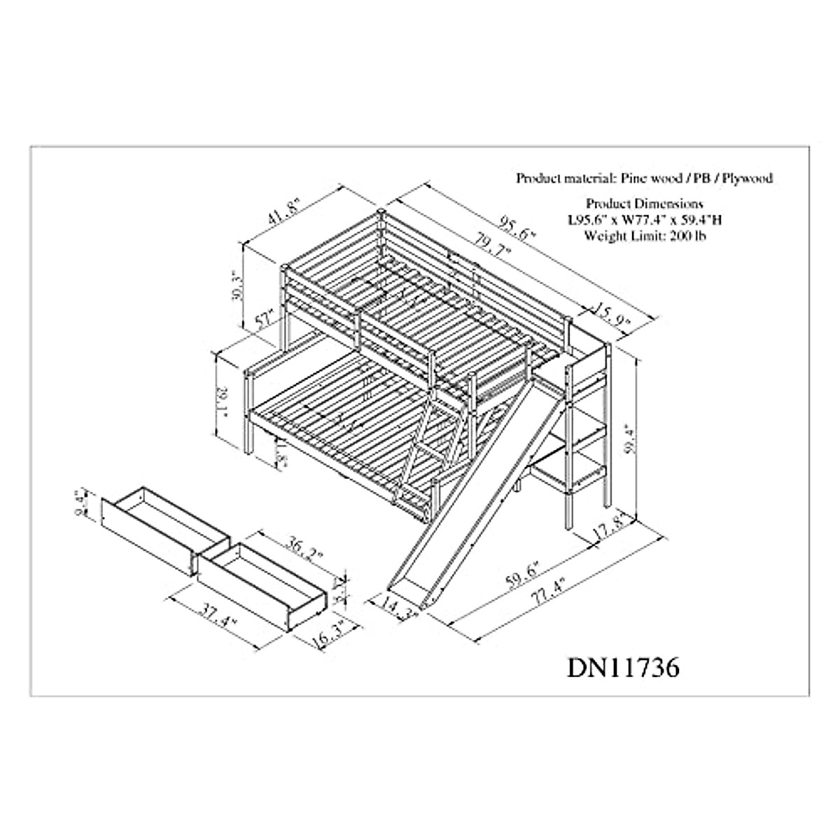 GLORHOME Twin Over Full Bunk Bed,Wooden Bunk Bed, Bunk Bed with Drawers,Slide,Grey