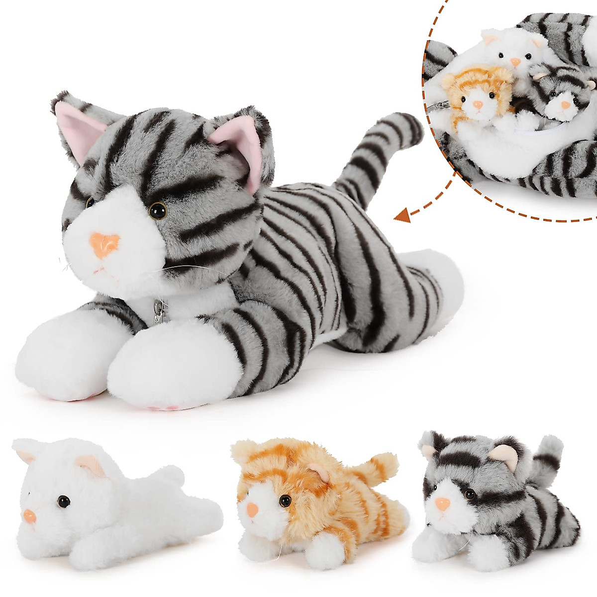 Muiteiur 4 Piece Cat Plush Set, Mom Cat Stuffed Animal with 3 Baby Stuffed Kittens in Zipper Pouch, Cute Stuffed Cat for Kids Girls Boys, Great Gift for Valentines Birthday (Grey,15.7inch)