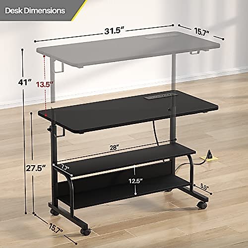 Height Adjustable Standing Desk with Power Outlets, 32" Manual Stand Up Desk with Storage Shelves Small Mobile Rolling Computer Desk Portable Laptop Table with Wheels for Home Office, Black