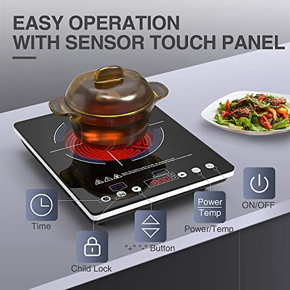 GIHETKUT Electric Cooktop Single Burner, 1800W Electric Stove Top with Touch Control, 9 Power Levels, Kids Safety Lock & Timer, Overheat Protection,110V Induction Cooktop