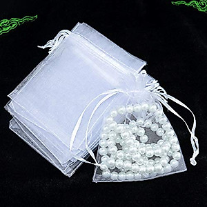 50 Pcs 5x7 inch Gift Wrap Bags, Organza Sheer Clear Tulle Fabric, White Drawstring Sachet for Baby Shower Favor, Birthday Party Favor, Bachelorette Party, Girls Graduation,Small Votive Candles,Marble