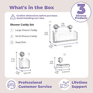 KATIKADDY Shower Caddy Suction Cup, 3 Piece Set Shower Organizer with Soap Dish, No Drilling Shower Shelf for Inside Shower Reusable for Bathroom Kitchen Living Room, Clear